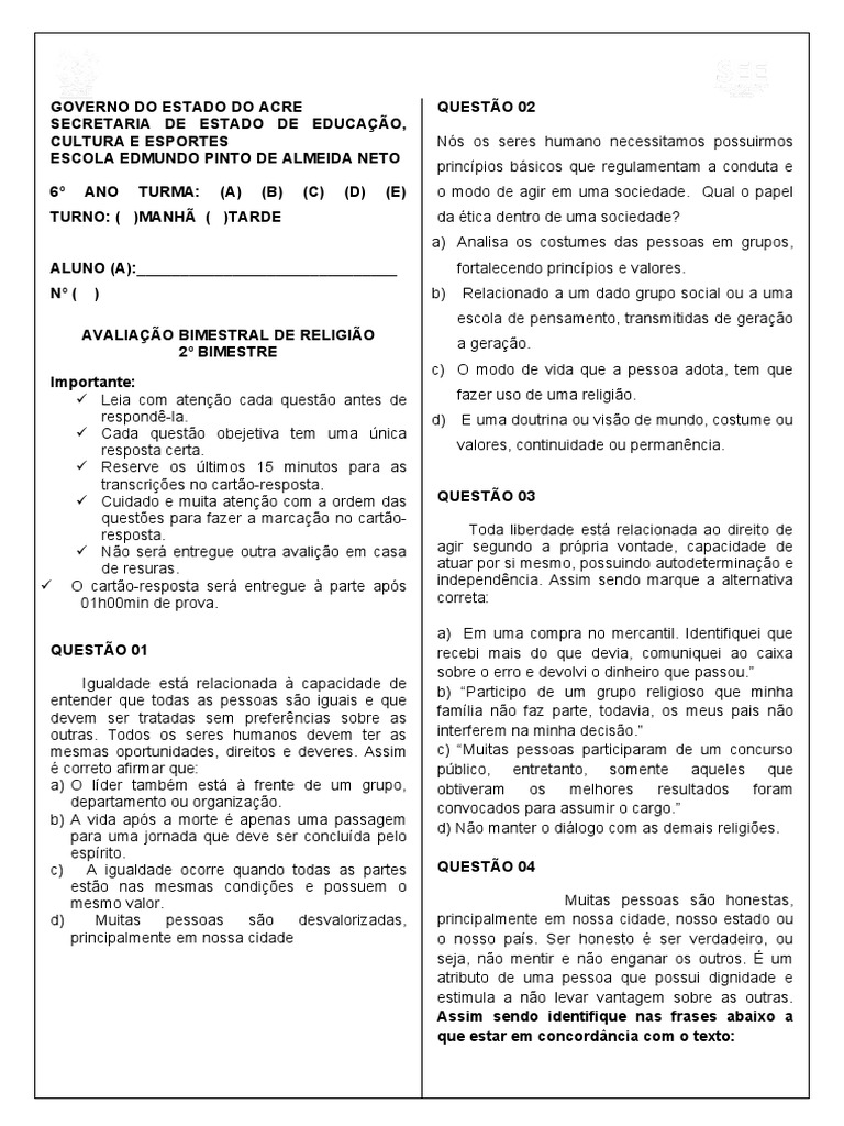 Avaliação 6º Ano 2º Bimestre Epan 2022 - Fundamental | PDF | Deus ...