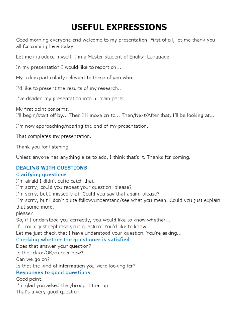 Useful Expressions For Presentations | PDF | Question