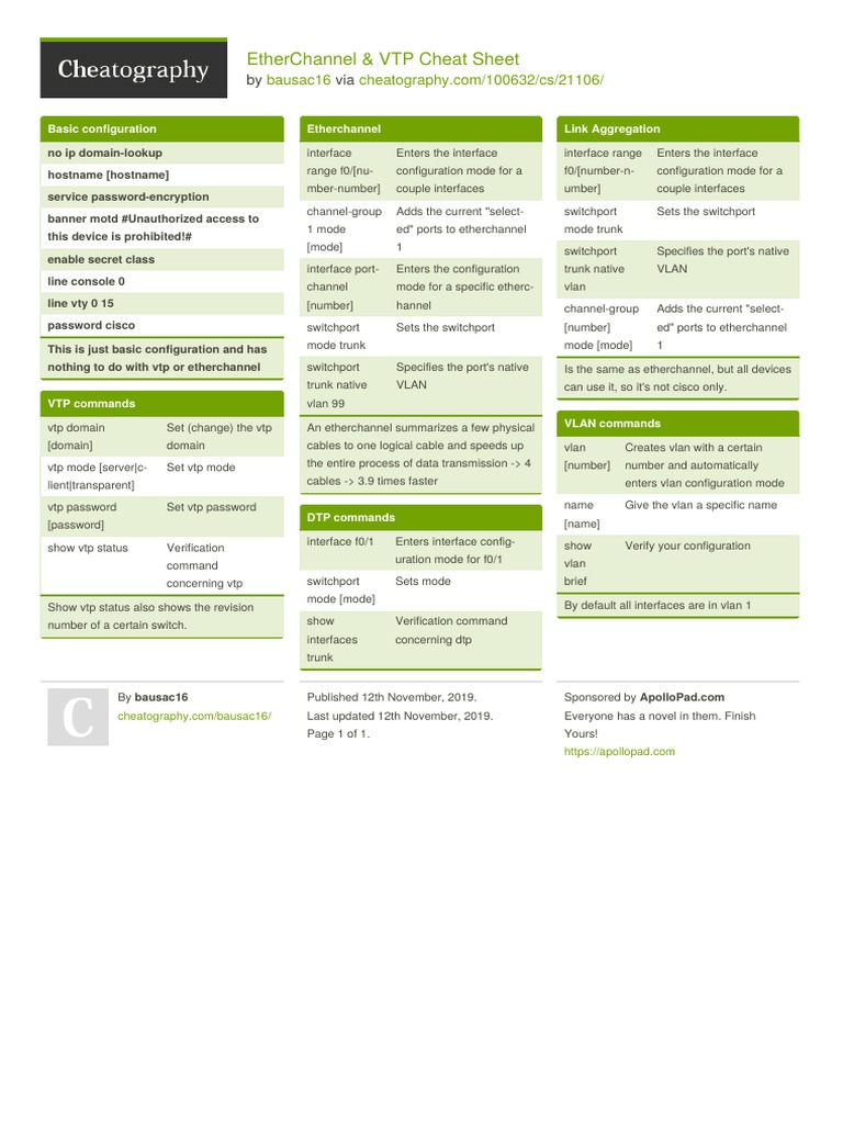 Etherchannel & VTP Cheat Sheet: by Via | PDF | Computer Architecture ...