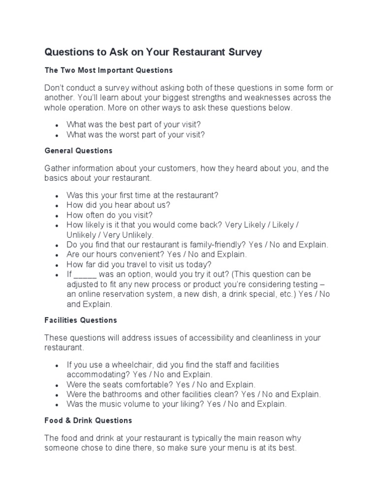 Restaurant Survey Questions | PDF | Point Of Sale | Communication