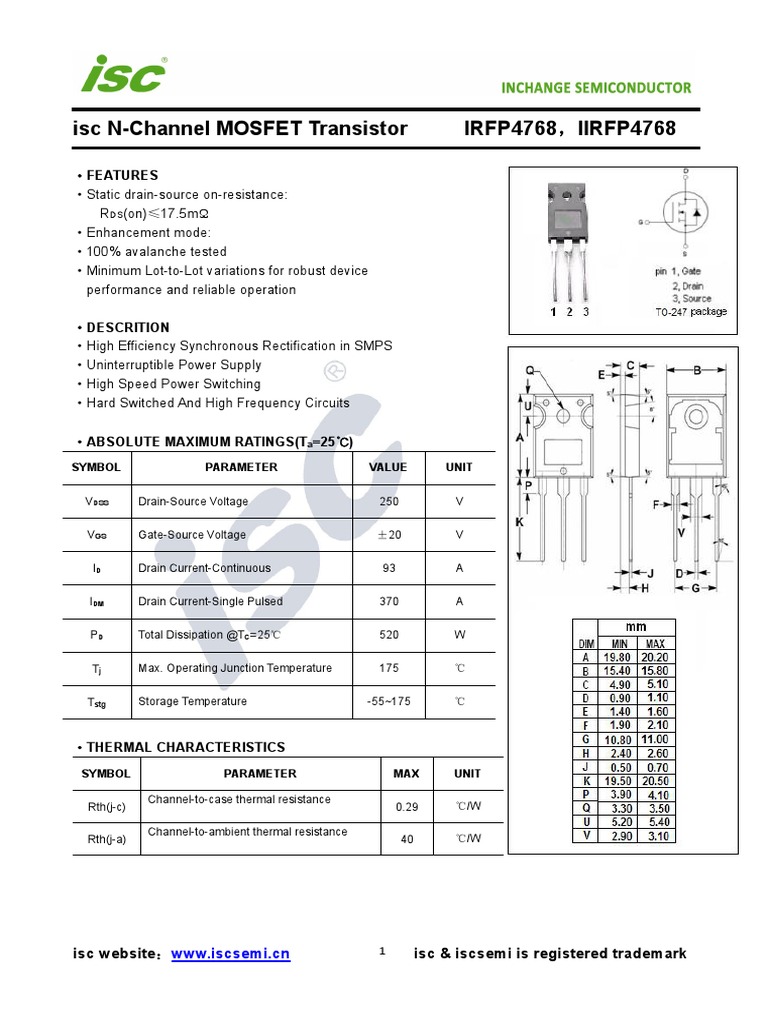 Isc N-Channel MOSFET Transistor IRFP4768 IIRFP4768: Features | Download ...