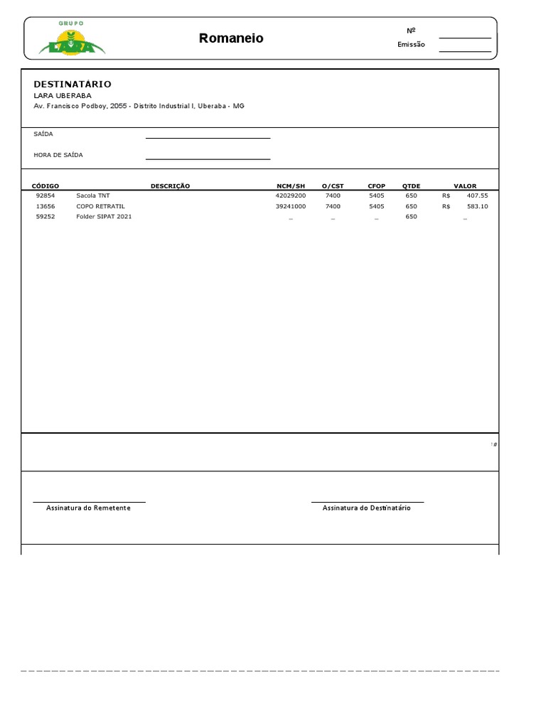 Formulario de Romaneio | PDF