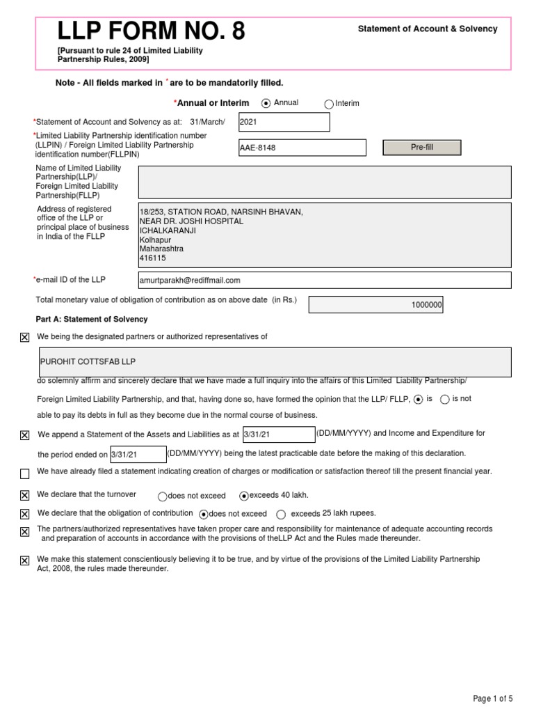 LLP Form No. 8: Statement of Account & Solvency | PDF | Expense | Limited Liability Partnership
