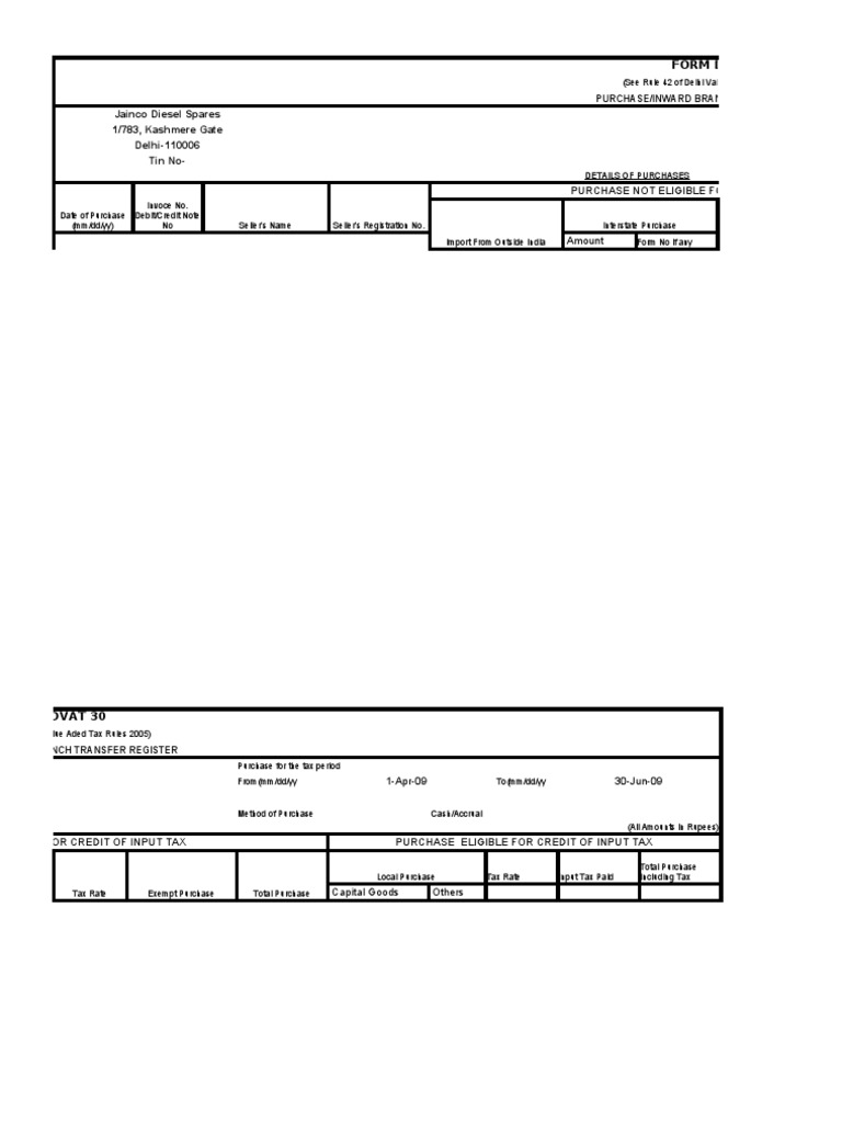 DVAT 30 Purchase & Sales Register | PDF