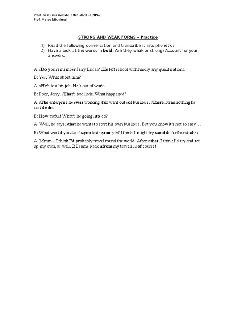 Strong and Weak Forms Practice + Key | PDF | Verb | Preposition And Postposition