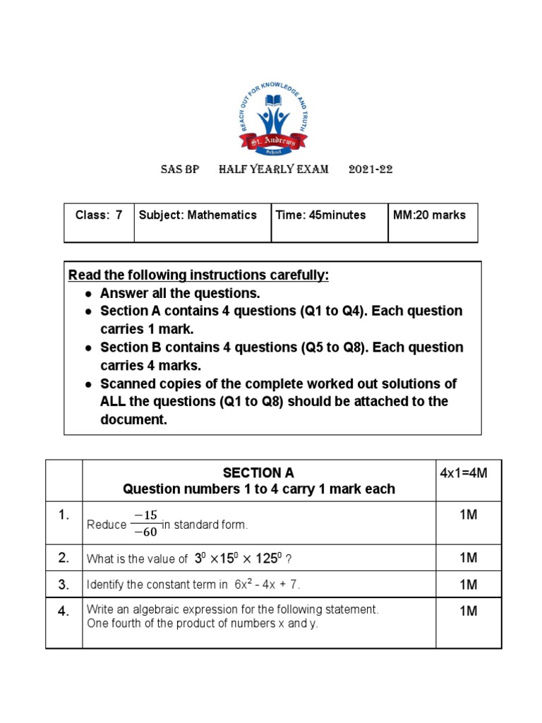 Akhil Muggalla - Cl7 QP 1 Math Hy 2021-2022 BP | PDF | Exponentiation | Mathematics