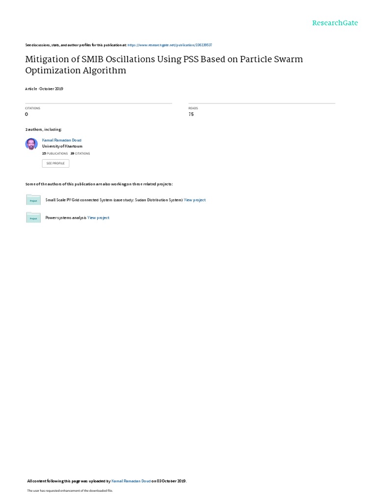 Mitigation Of Smib Oscillations Using Pss Based On Particle Swarm Optimization Algorithm Pdf