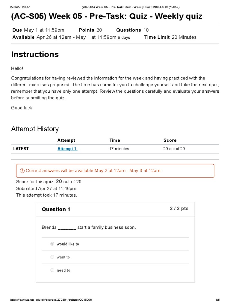 (AC-S05) Week 05 - Pre-Task - Quiz - Weekly Quiz - INGLES IV (19357) | PDF | Health Care ...