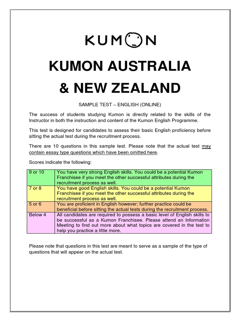 Kumon Australia New Zealand Sample Test | PDF | Recruitment | English ...
