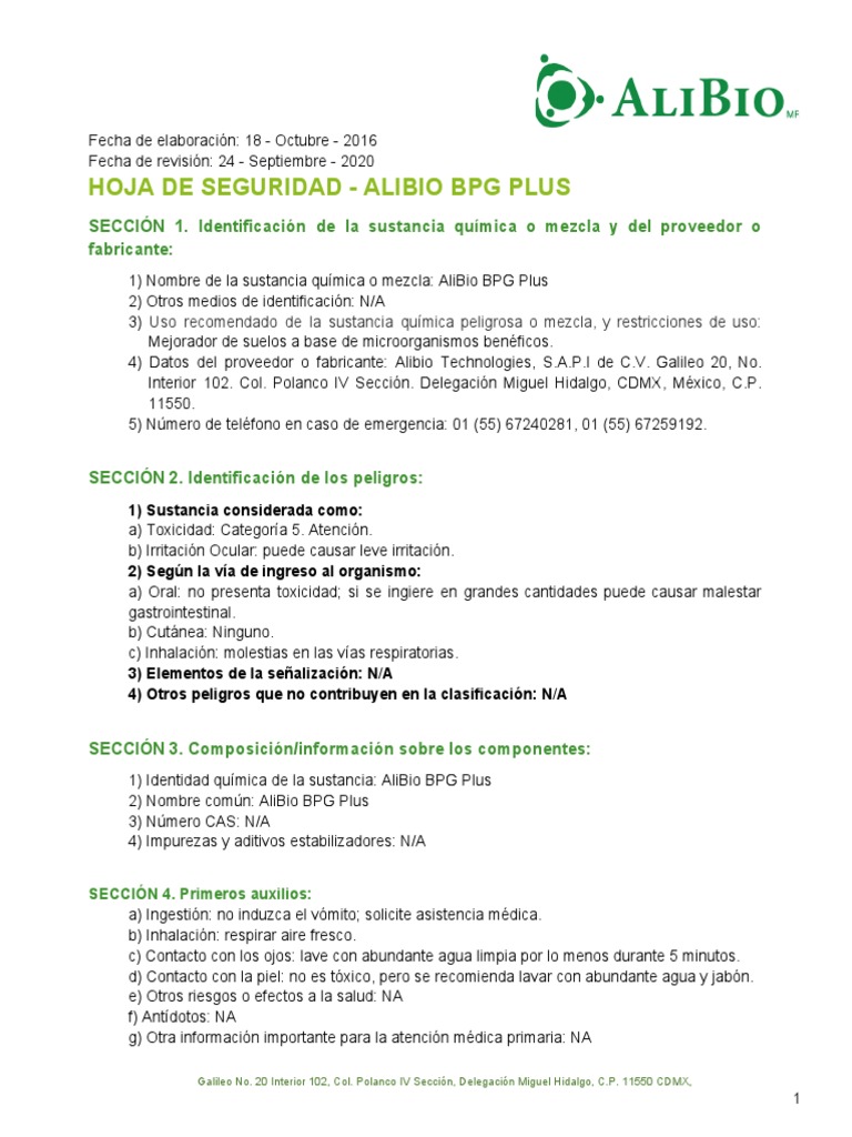Alibio Hoja de Seguridad | Descargar gratis PDF | Agua | Toxicidad