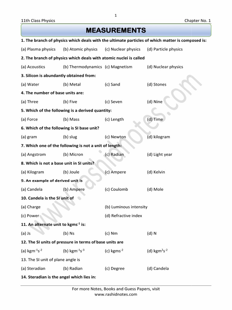 FSC Physics 1st Year Chapter No. 1 Measurements (MCQS) | PDF FSC Physics 1st Year Chapter No. 1 Measurements (MCQS) | PDF