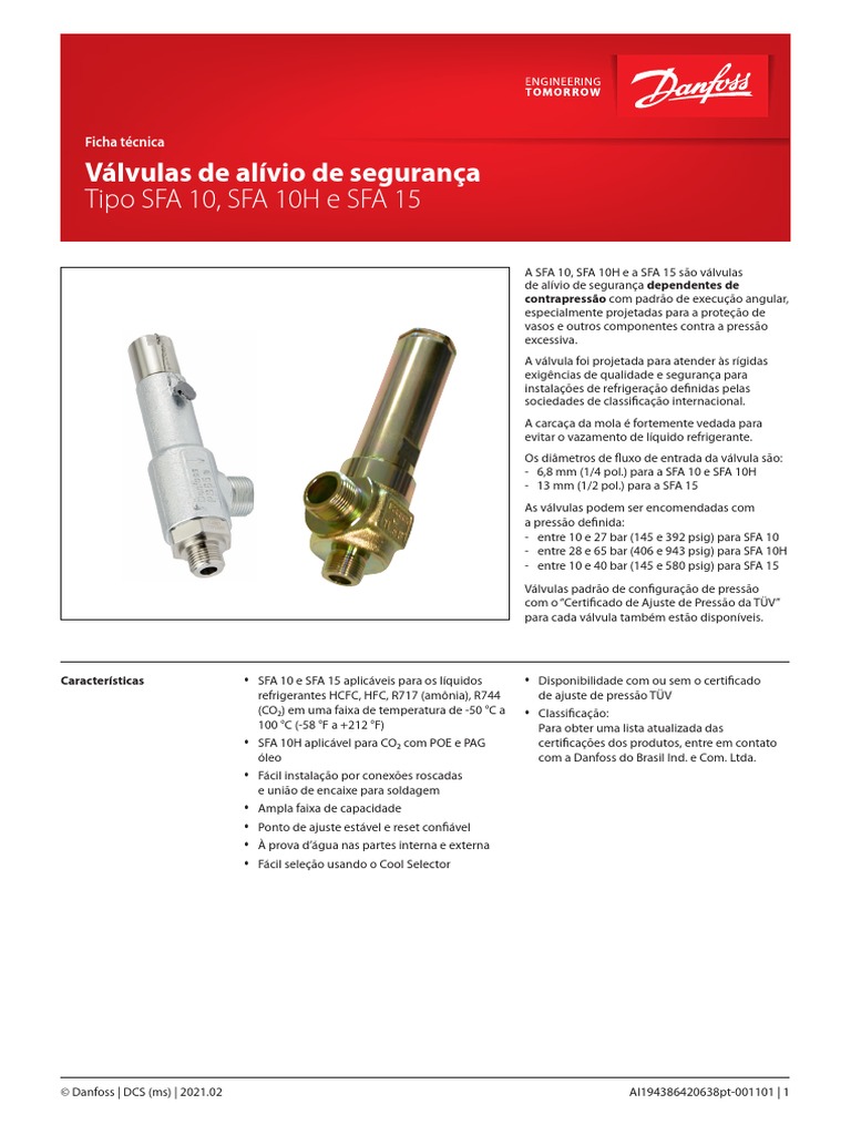 Válvulas de alívio de segurança DANFOSS Modelos Tipo SFA 10 e SFA 10H e ...