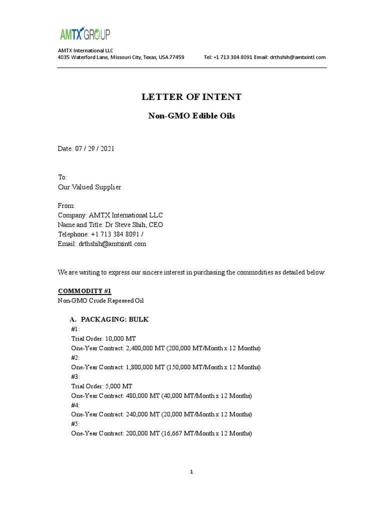 Letter of Intent: Non-GMO Edible Oils | PDF | Economies | Business