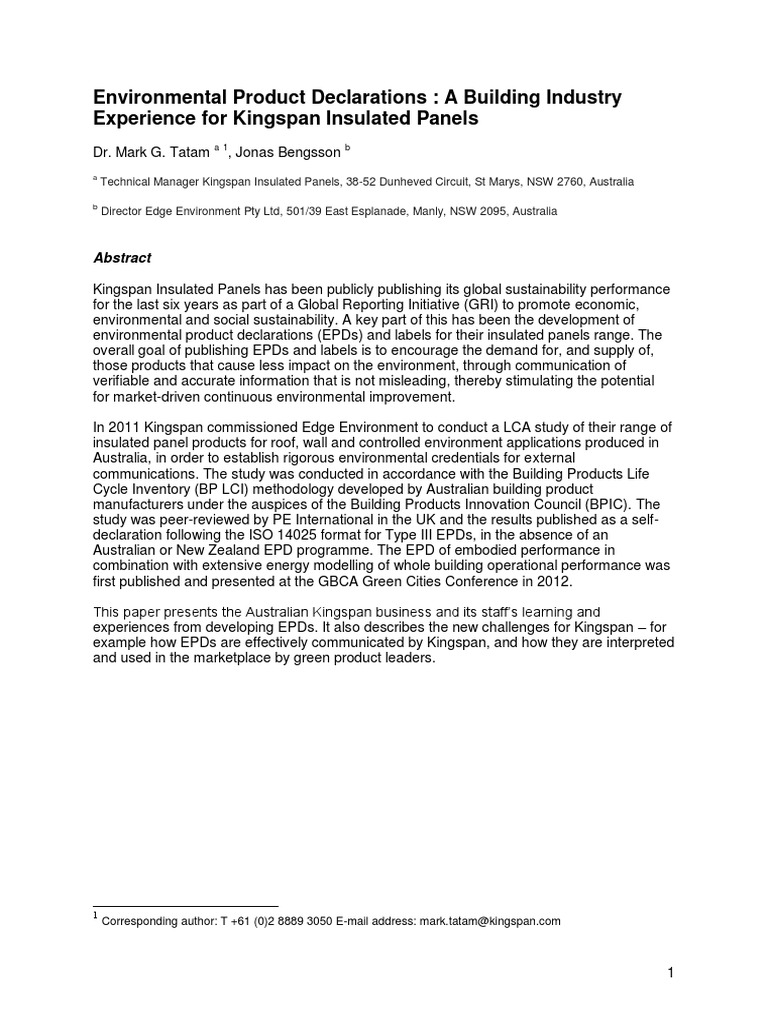 Kingspan EPDs Paper ALCAS 2013 | PDF | Life Cycle Assessment | Green ...