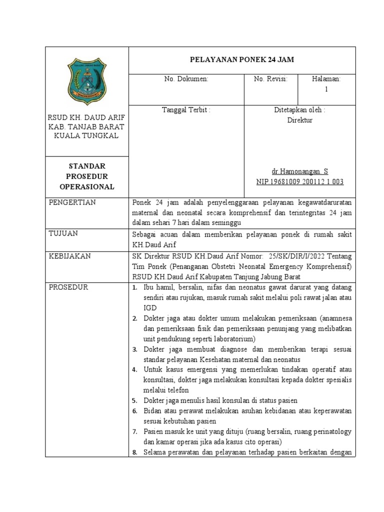 Spo Pelayanan Ponek 24 Jam | PDF