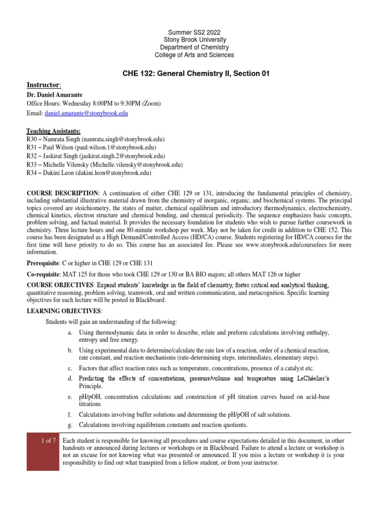 Su22 SS2 CHE 132 Syllabus | PDF | Chemical Reactions | Ph