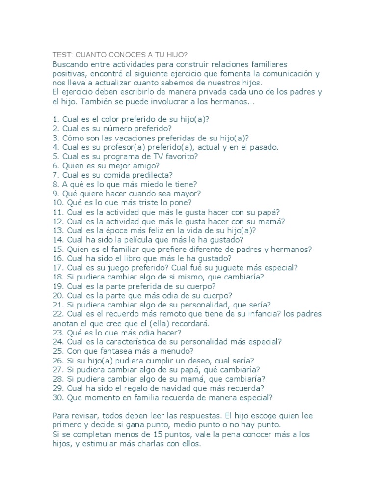 Test Cuanto Conoces A Tu Hijo | PDF | Dios | Cuestionario Test Cuanto Conoces A Tu Hijo | PDF | Dios | Cuestionario