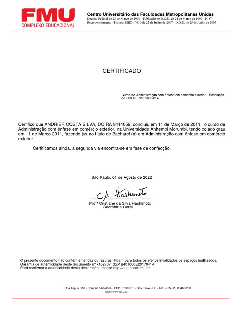 Certificado de conclusão de curso de Administração com ênfase em ... Certificado de conclusão de curso de Administração com ênfase em ...
