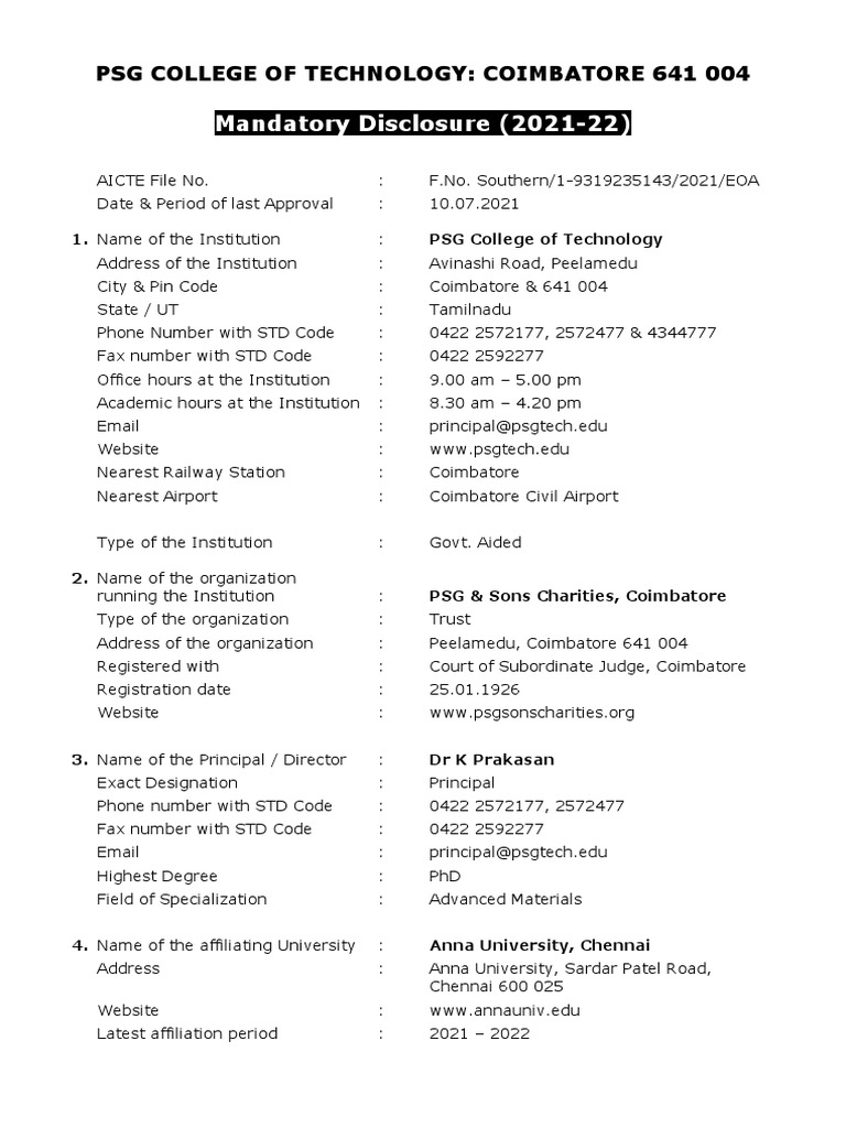 Mandatory Disclosure 2021-22 | PDF | Engineering