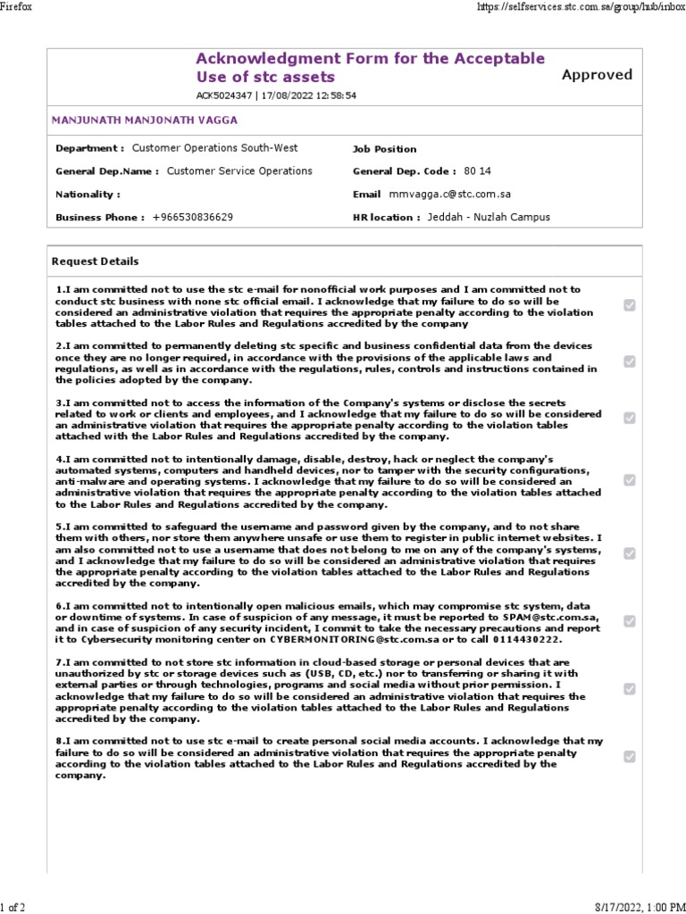 Acknowledgment Form For The Acceptable Use of STC Assets | PDF ...