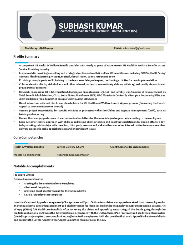 Subhash Kumar's Resume: Over 10 Years of Experience in US Healthcare Benefits Administration ...
