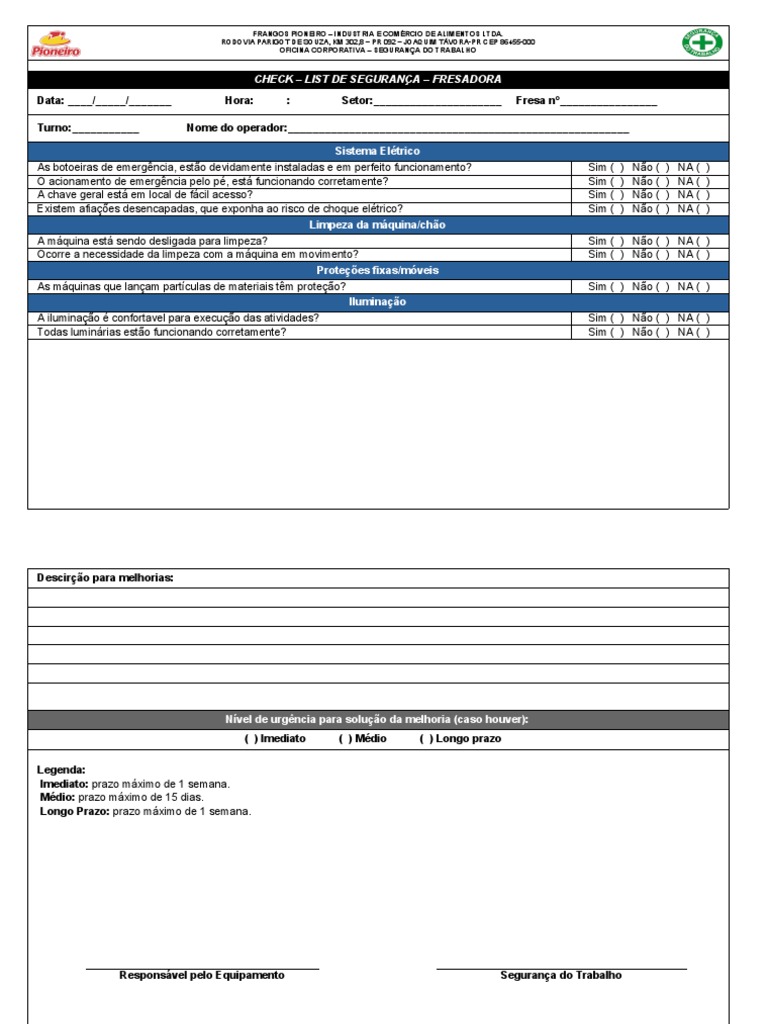 Check-list de segurança para a fresadora da Frangos Pioneiro ...