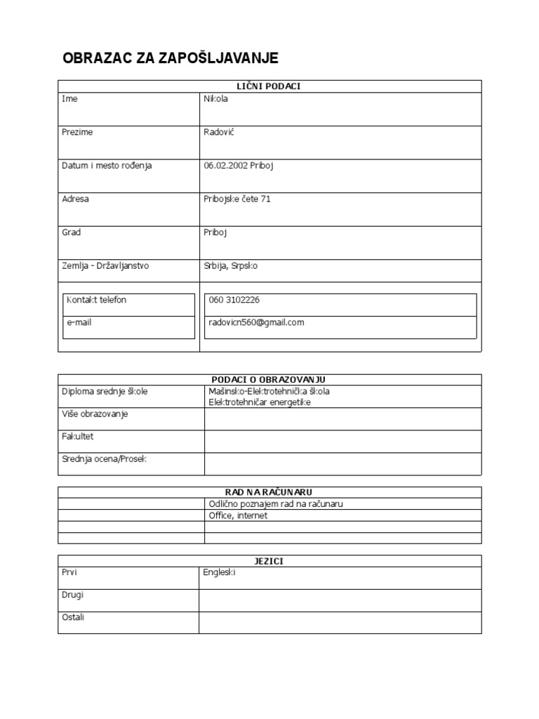 CV Obrazac 1 | PDF