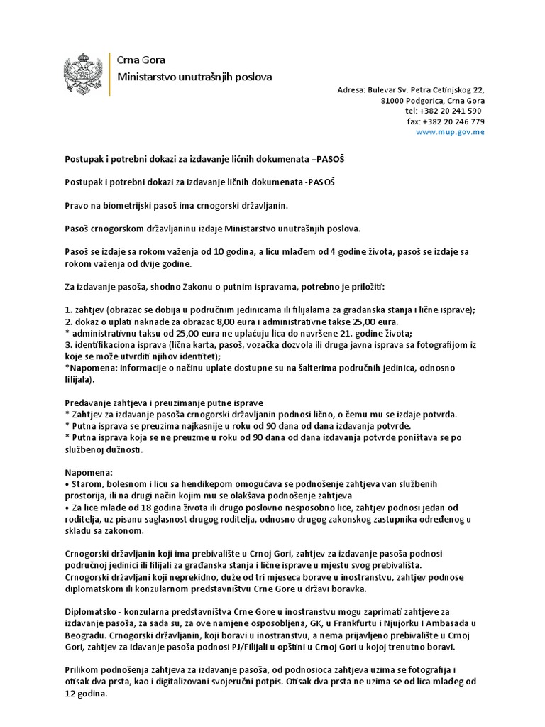 Postupak I Potrebni Dokazi Za Izdavanje Licnih Dokumenata Pasos 1 | PDF
