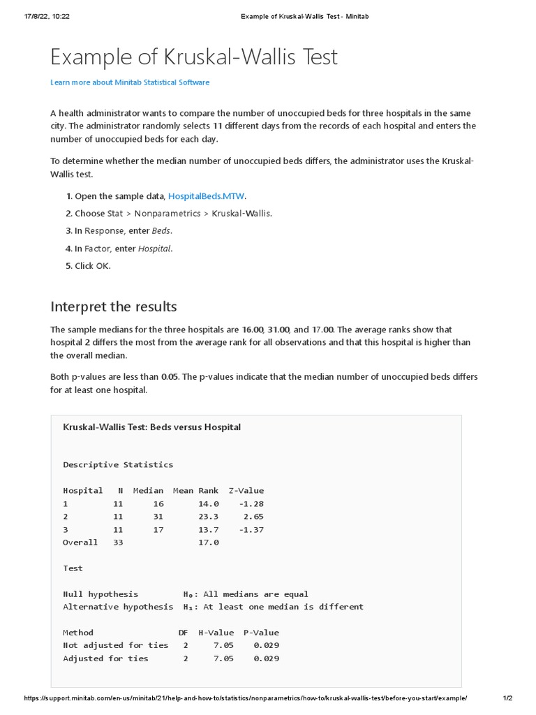 Example of Kruskal-Wallis Test - Minitab | PDF | P Value | Statistics