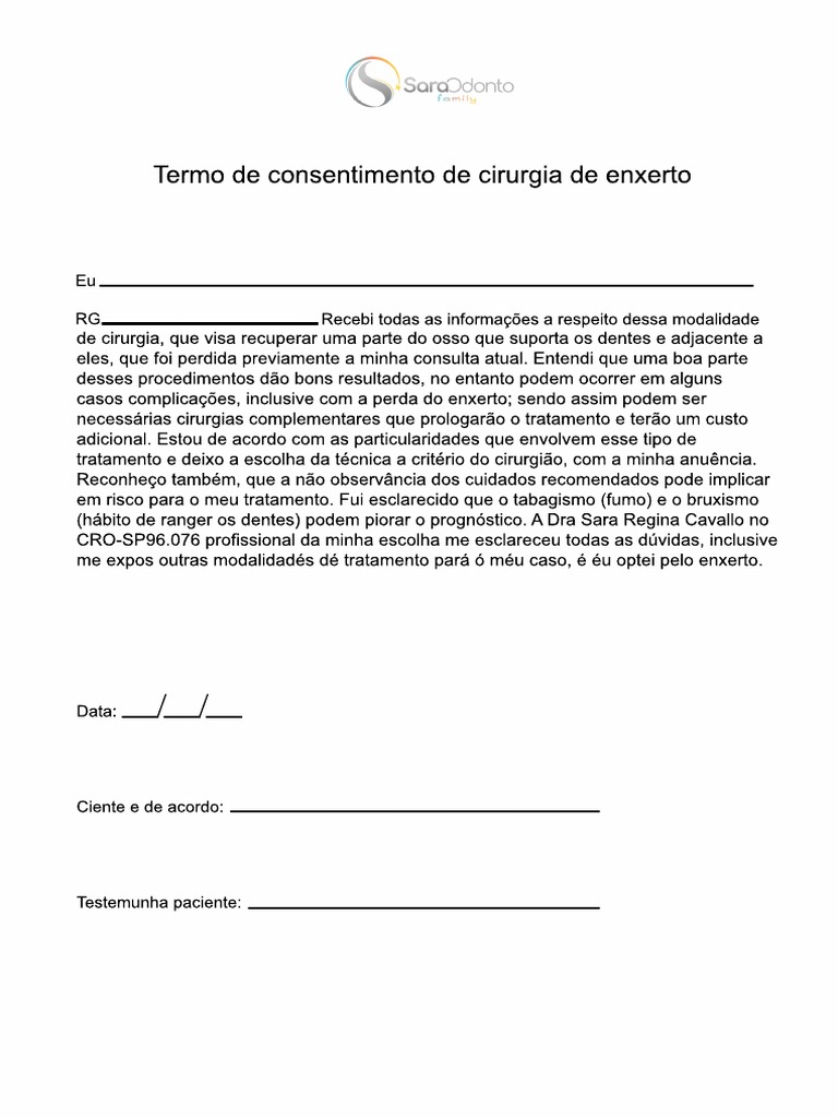 Termo de Consentimento para Cirurgia de Enxerto | PDF Termo de Consentimento para Cirurgia de Enxerto | PDF