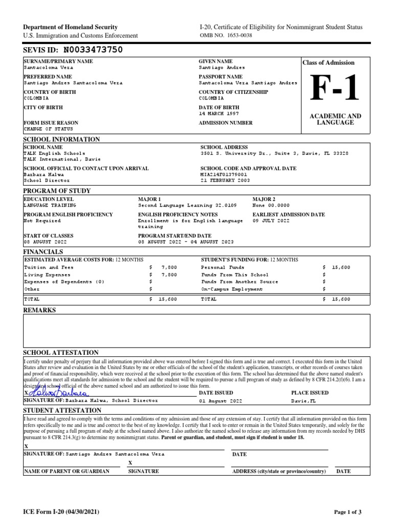 I-20 Certificate for F-1 Student Visa | PDF | Travel Visa | Human Migration