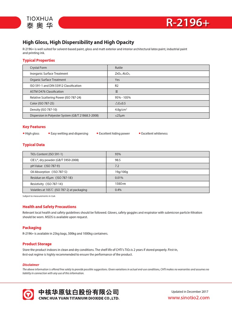 Dioxido de Titanio R-2196+ - TDS | PDF | Paint | Titanium Dioxide