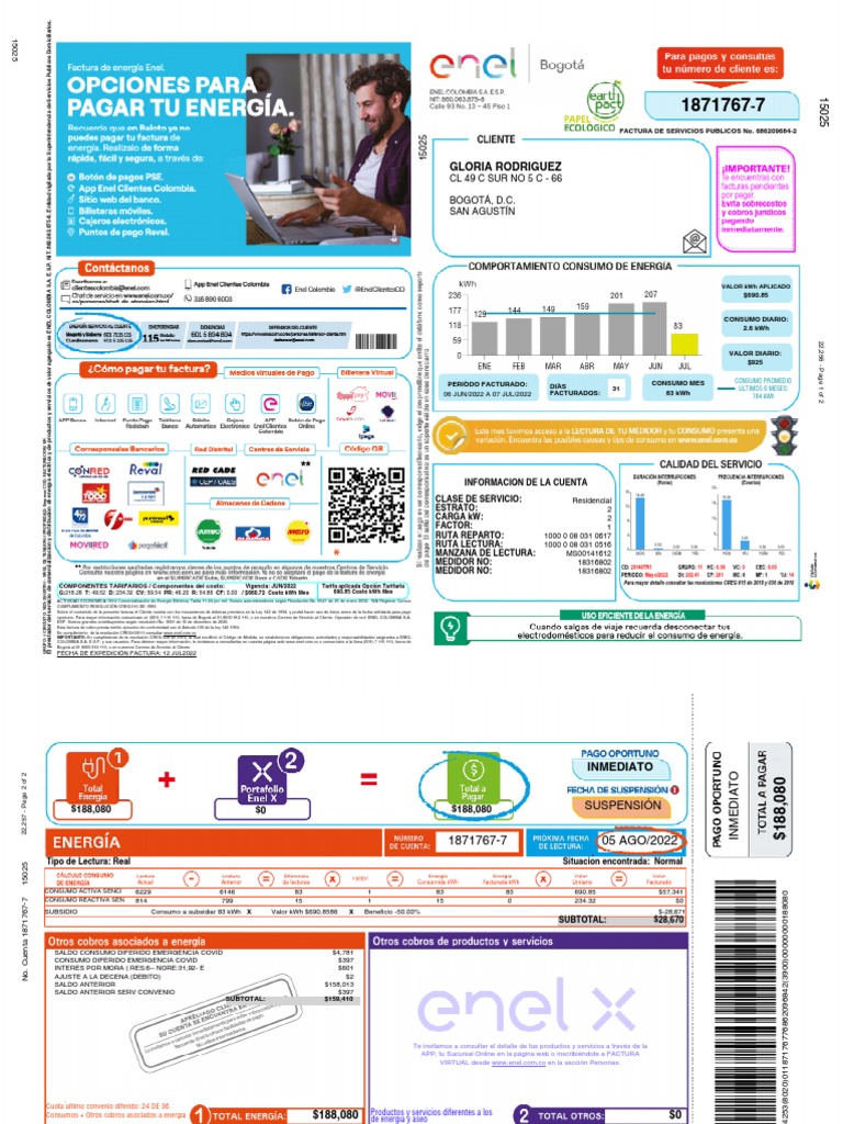 Recibo de Luz Julio ENEL Codensa | PDF | Electromagnetismo | Poder (Física)