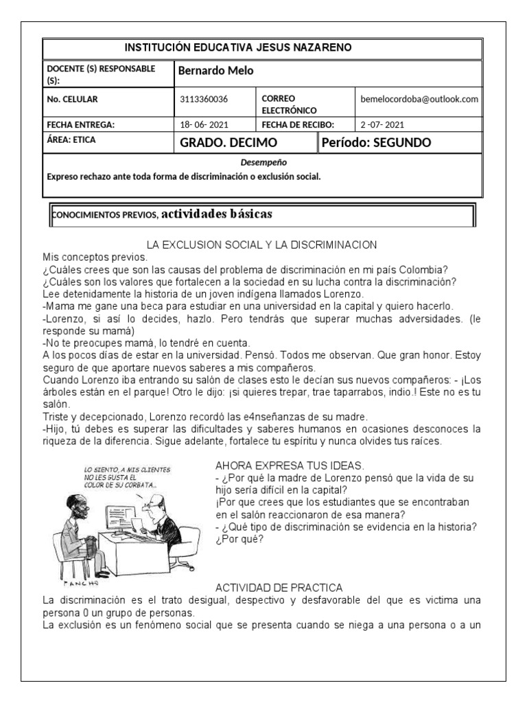 La Exclusion y La Discriminacion Grado Decimo Guia 8 Etica 6 de Agosto 2021 3,30 PM | PDF ...