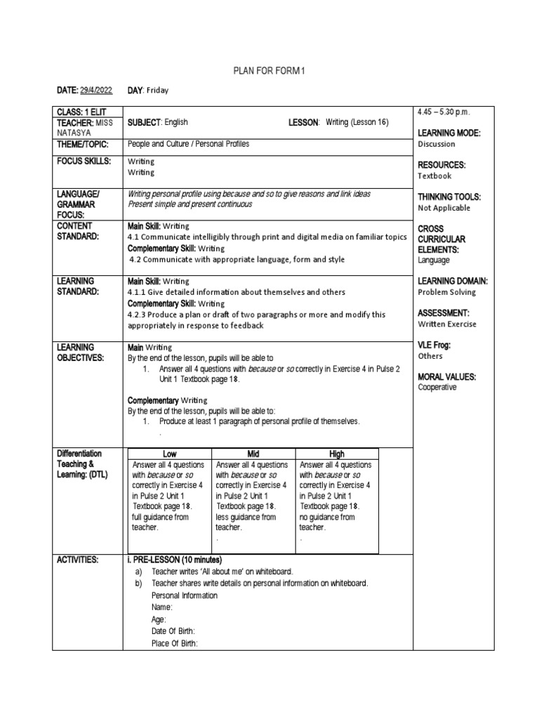 Lesson Plan 1 | PDF | Teachers | Learning