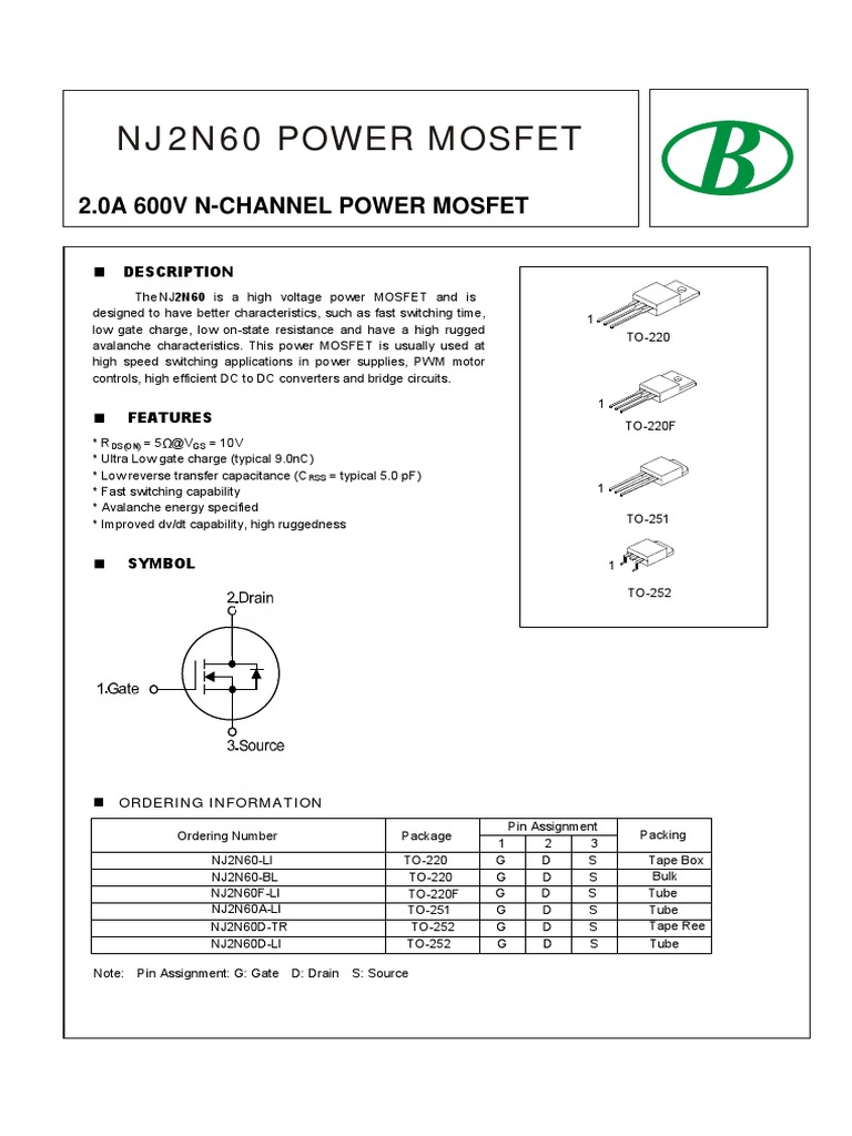 2N60 - N Channel Power Mosfet 600V 2A, Vgs (TH) 2 4v | PDF | Field Effect Transistor | Mosfet