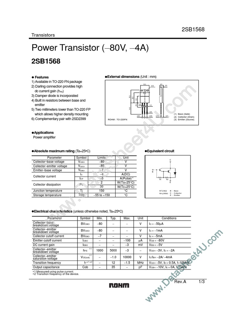 B1568 - PNP Power Transistor ( 80V, 4A) (D1933 NPN) | PDF | Bipolar Junction Transistor ...