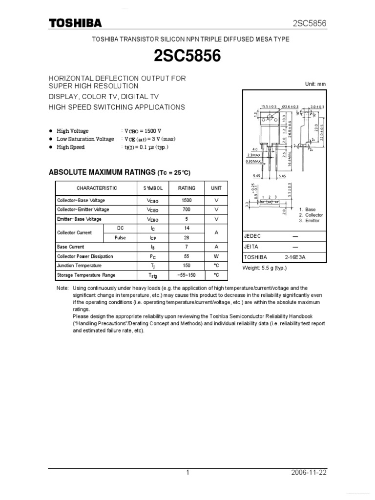 c5856 - 700v, DC 14a, Pulse 28a, Transistor Silicon NPN Triple Diffused Mesa Type | Download ...