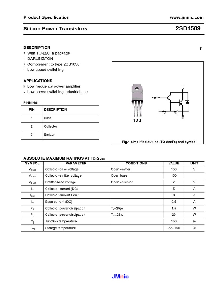 D1589 - NPN Silicon Power Transistors, 100v 5A 7v Base, Low Speed ...