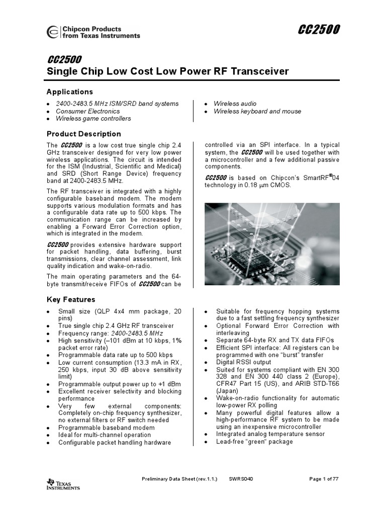 CC2500 - Wireless Chip of GC08 Wireles Module | PDF | Radio | Bandwidth ...
