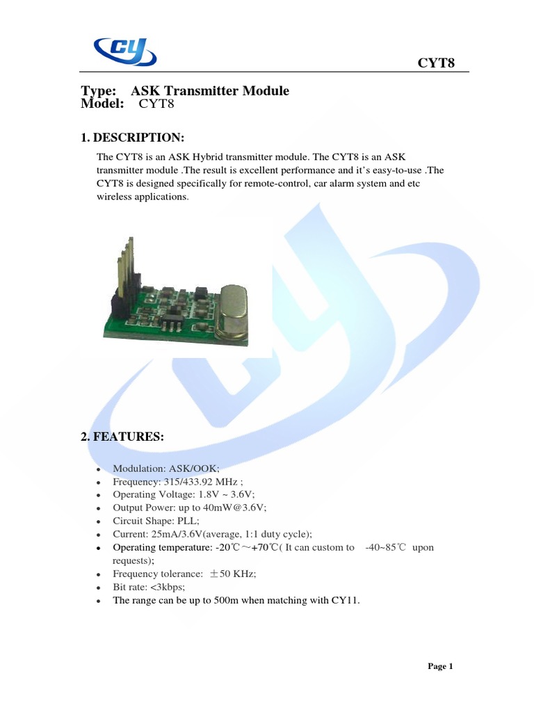 CYT8 ASK Transmitter Module Overview | PDF | Transmitter | Wireless