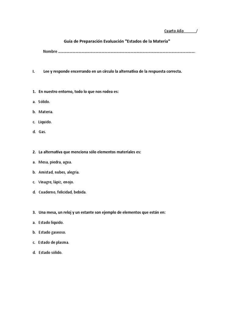Guía de Evaluación: Estados de la Materia | PDF | Gases | Líquidos