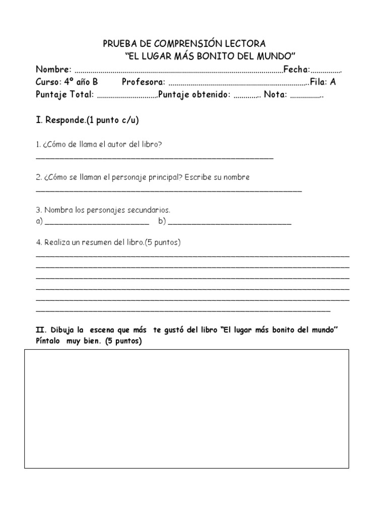 PRUEBA COMPRENSION LECTORA El Lugar Mas Bonito Del Mundo | PDF