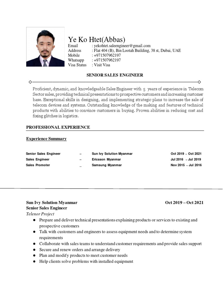 Ye Ko Htet (Abbas) : Senior Sales Engineer | PDF | Sales | Engineer