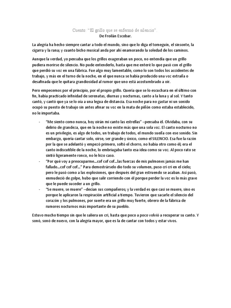 Cuento El Grillo Que Se Enfermó de Silencio | PDF
