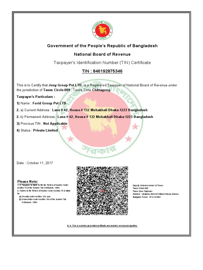 e-TIN Certificate for Jony Group Pvt LTD | PDF