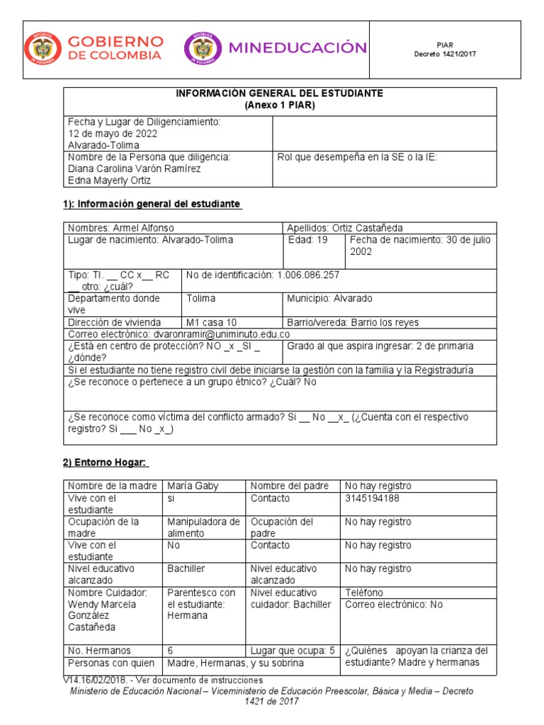 Formato PIAR - para Diligenciar | PDF | Educación de la primera ...