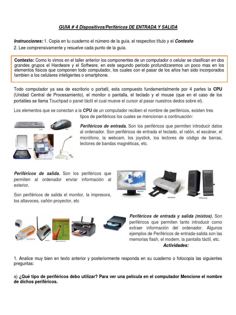 GUIA # 4 Dispositivos-Periféricos DE ENTRADA Y SALIDA | PDF | Periférico | Hardware de la ...