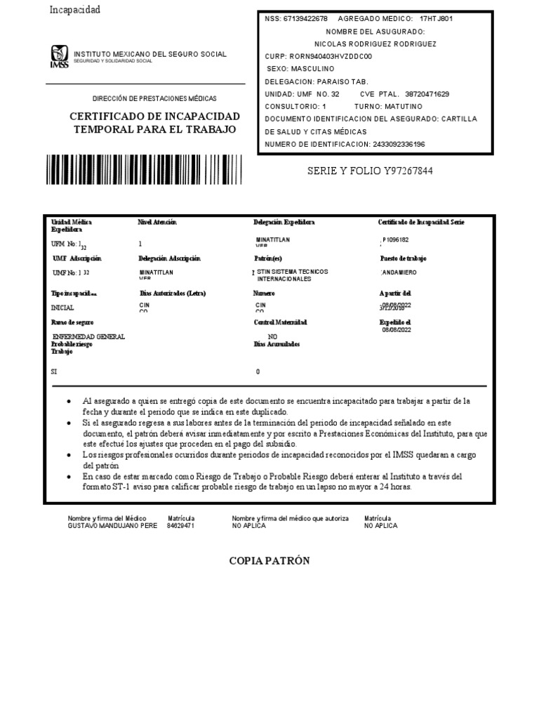 Formato de Incapacidad IMSS Editable | PDF | Ciencias de la Salud