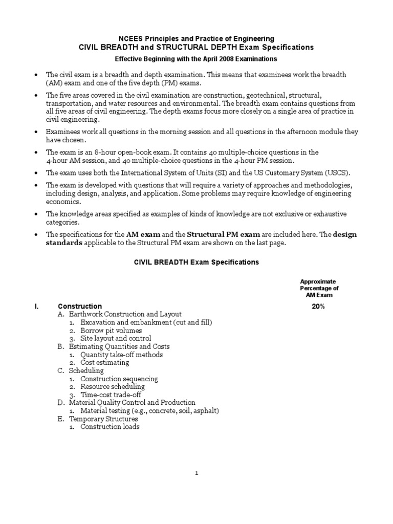 Exam Specifications - PE Civil Structural Apr 2008 | PDF